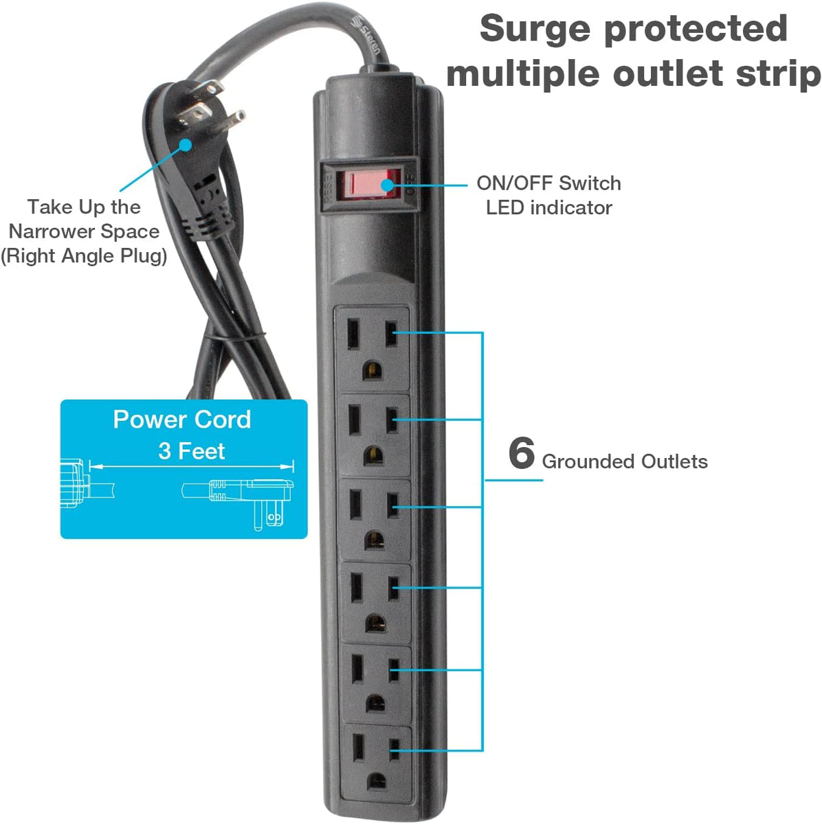 Power Strip with 3.5 Ft Cord, Powerstrip STEREN Surge Protector with 6 ...