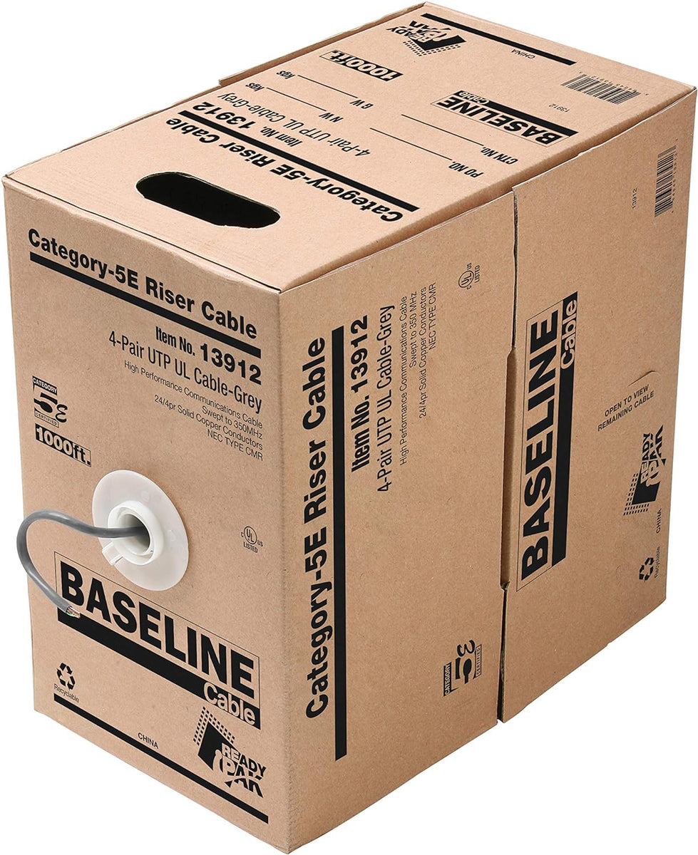 BASELINE 1000ft CAT5E UTP Solid Cable - 24 AWG Riser-Rated, Gray, cULus ...