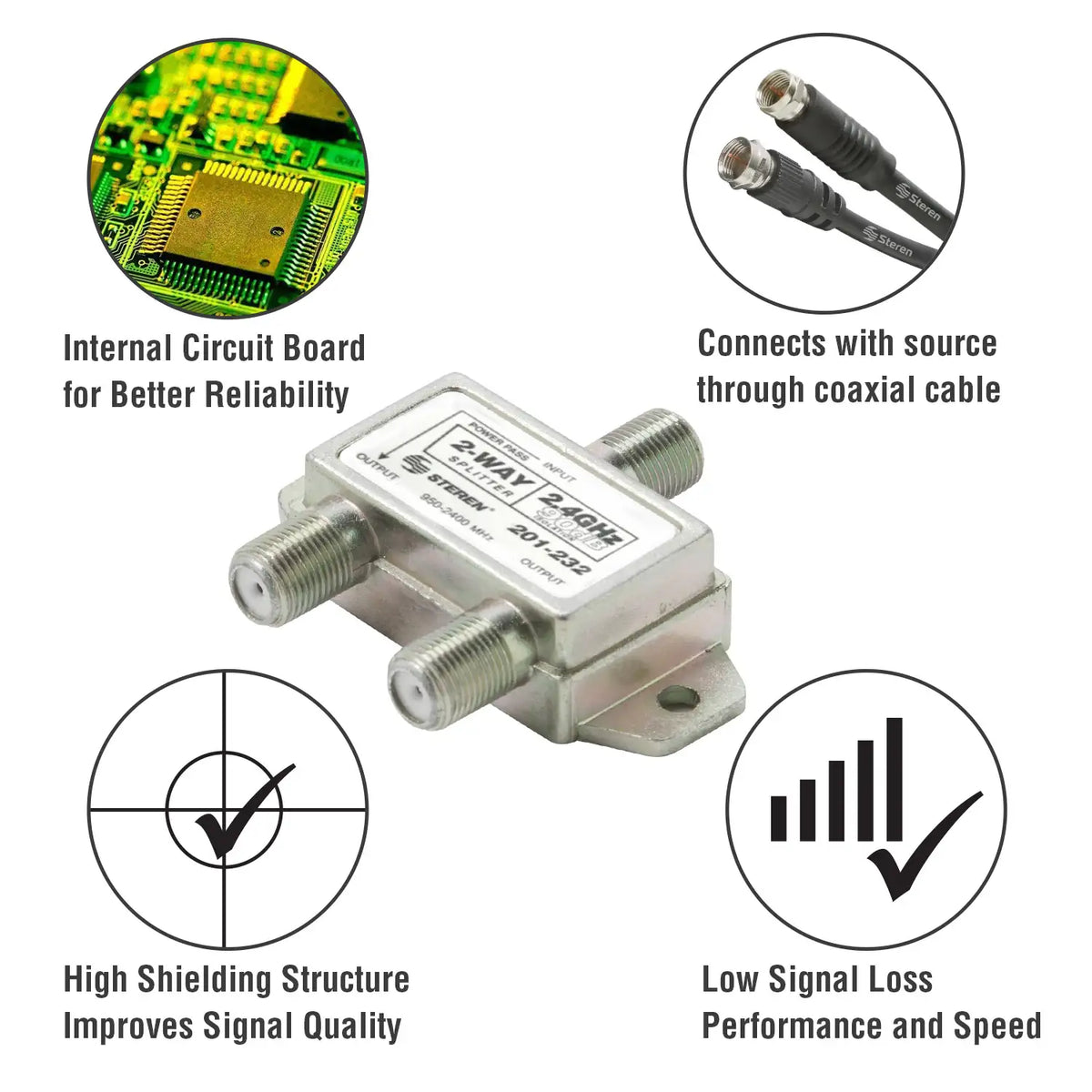 Steren 2-Way Coaxial Splitter 2.4GHz 90dB High-Frequency Signal Distri